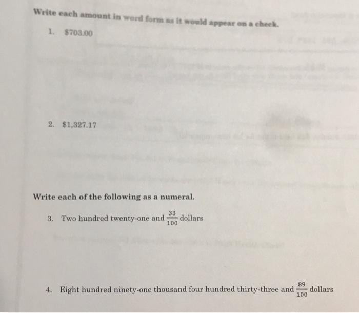 Solved Write each amount in word forms it would appear on a | Chegg.com