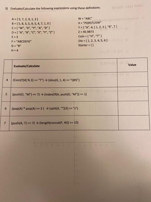 Solved 3) Evaluate/Calculate the following expressions using | Chegg.com