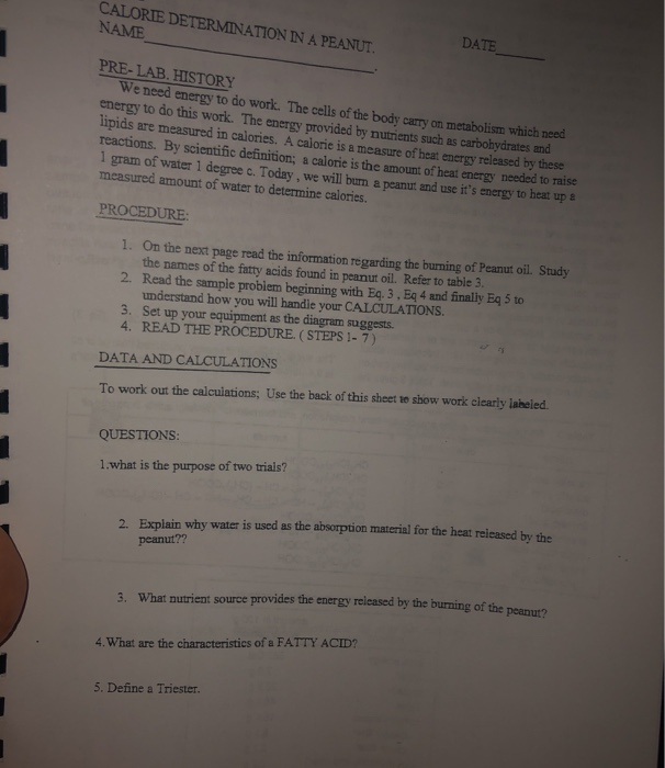 CALORIE DETERMINATION IN A PEANUT. NAME DATE PRE-LAB. | Chegg.com