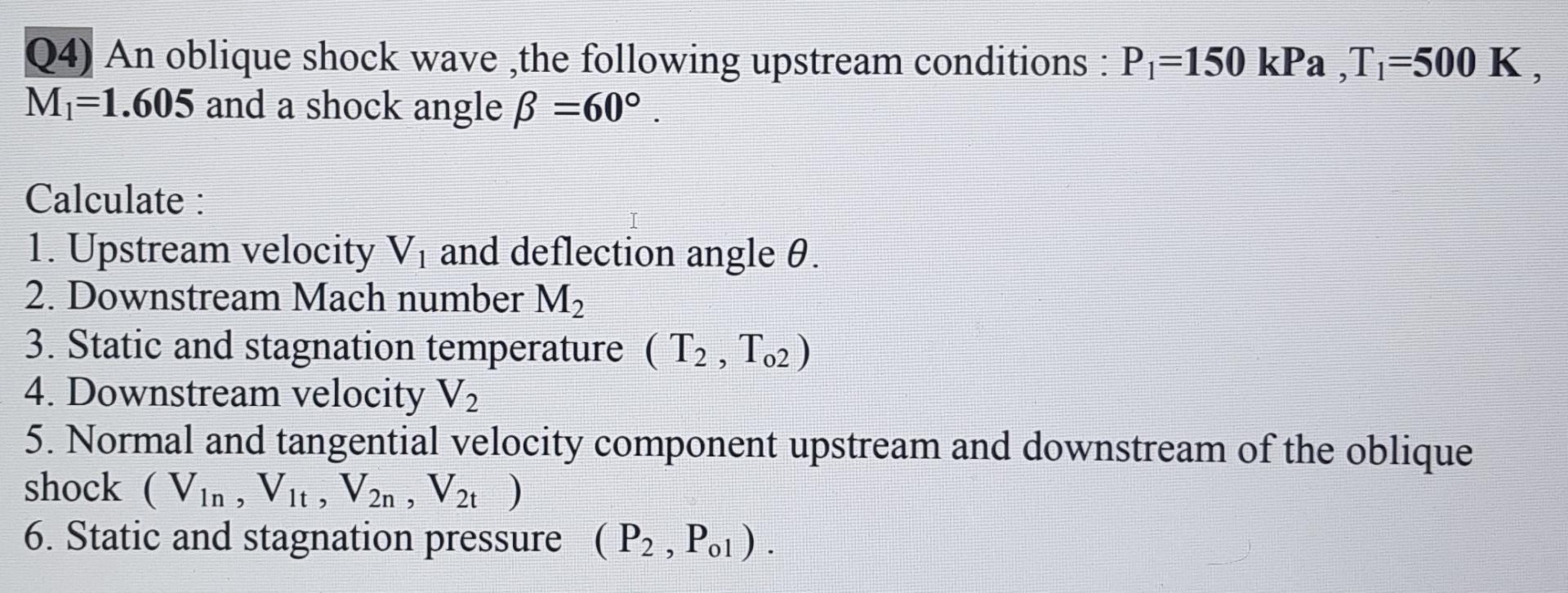 Solved Q4) An oblique shock wave the following upstream | Chegg.com