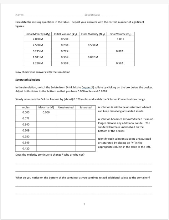 Name Section Day Introduction To Molarity And Dilu... | Chegg.com