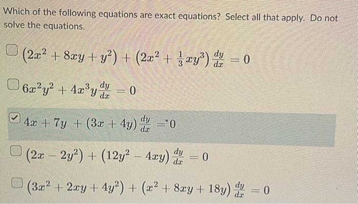 Which of the following equations are exact equations? | Chegg.com