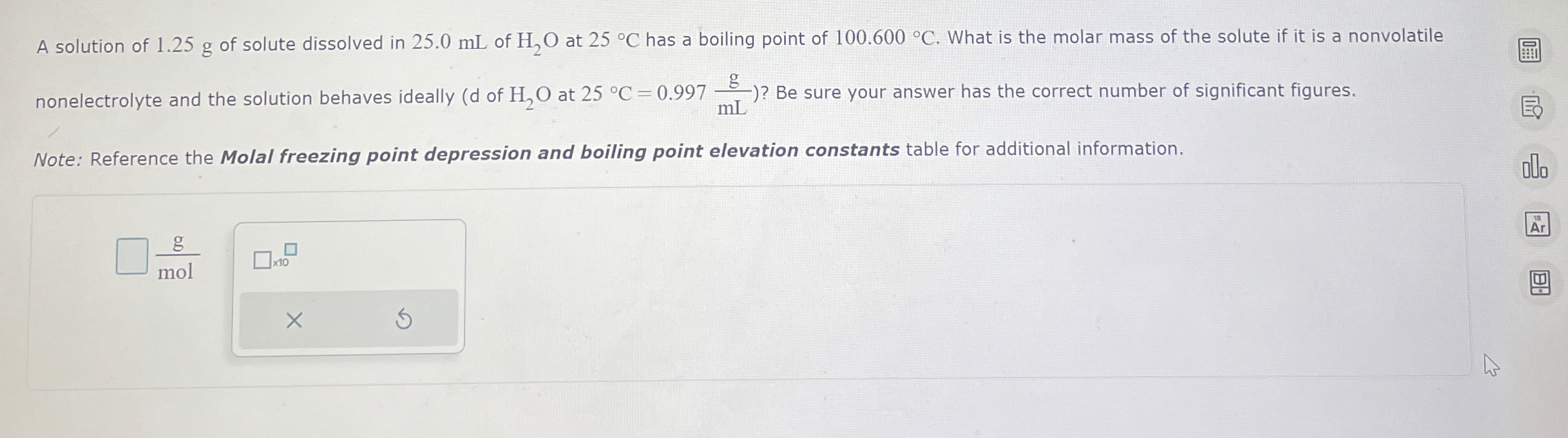 Solved A solution of 1.25 ﻿g of solute dissolved in 25.0 ﻿mL | Chegg.com