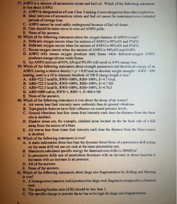 Solved 37. ANFO is a mixture of ammonium nitrate and fuel | Chegg.com