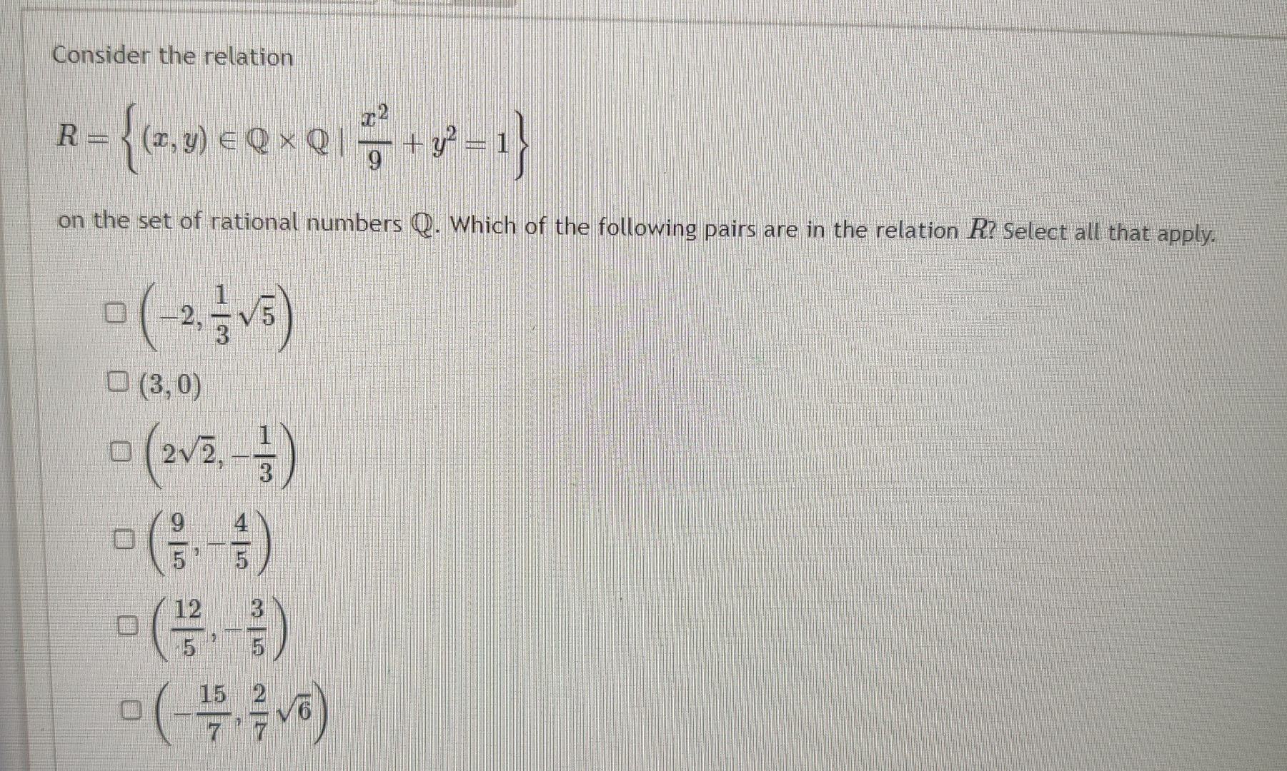 Solved Consider the relationR={(x,y)inQ×Q|x29+y2=1}on the | Chegg.com
