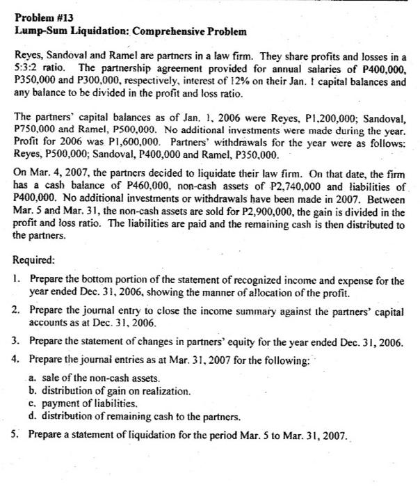 Solved Problem \#13 Lump-Sum Liquidation: Comprehensive | Chegg.com