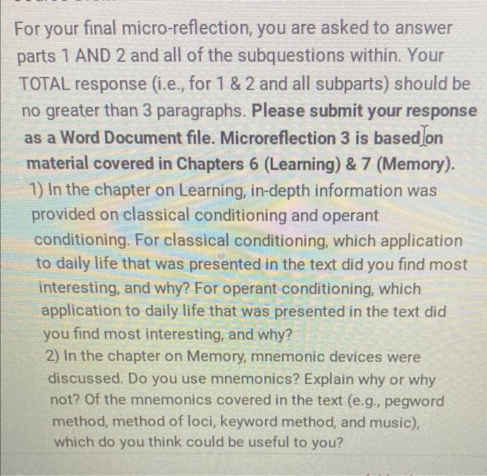 Solved For your final micro-reflection, you are asked to | Chegg.com
