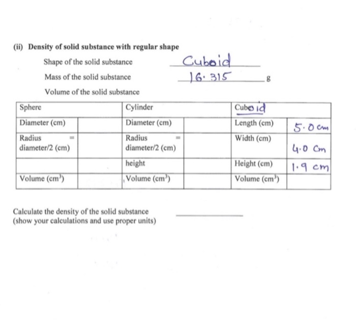 Solved Cuboid 16. 315 (ii) Density of solid substance with | Chegg.com