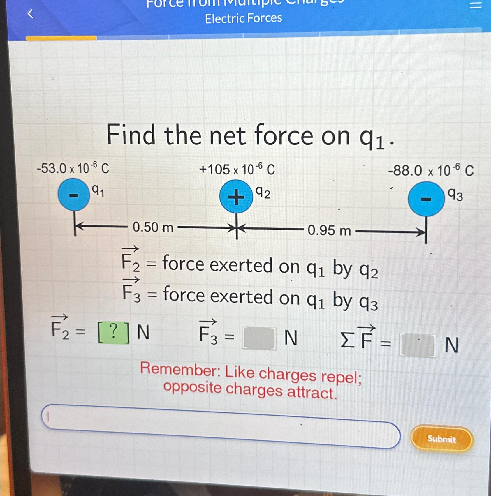 Solved Electric ForcesFind the net force on q1.vec(F2)= | Chegg.com