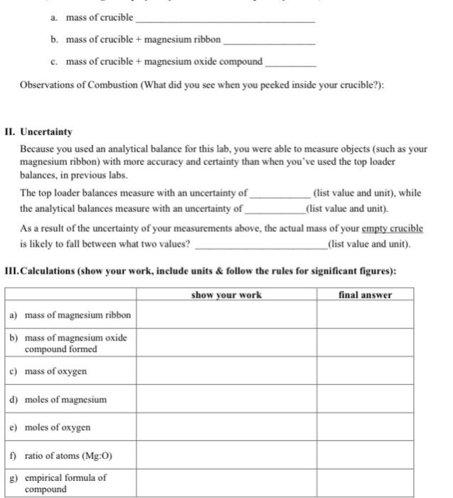 Solved a. mass of crucible b. mass of crucible + magnesium | Chegg.com