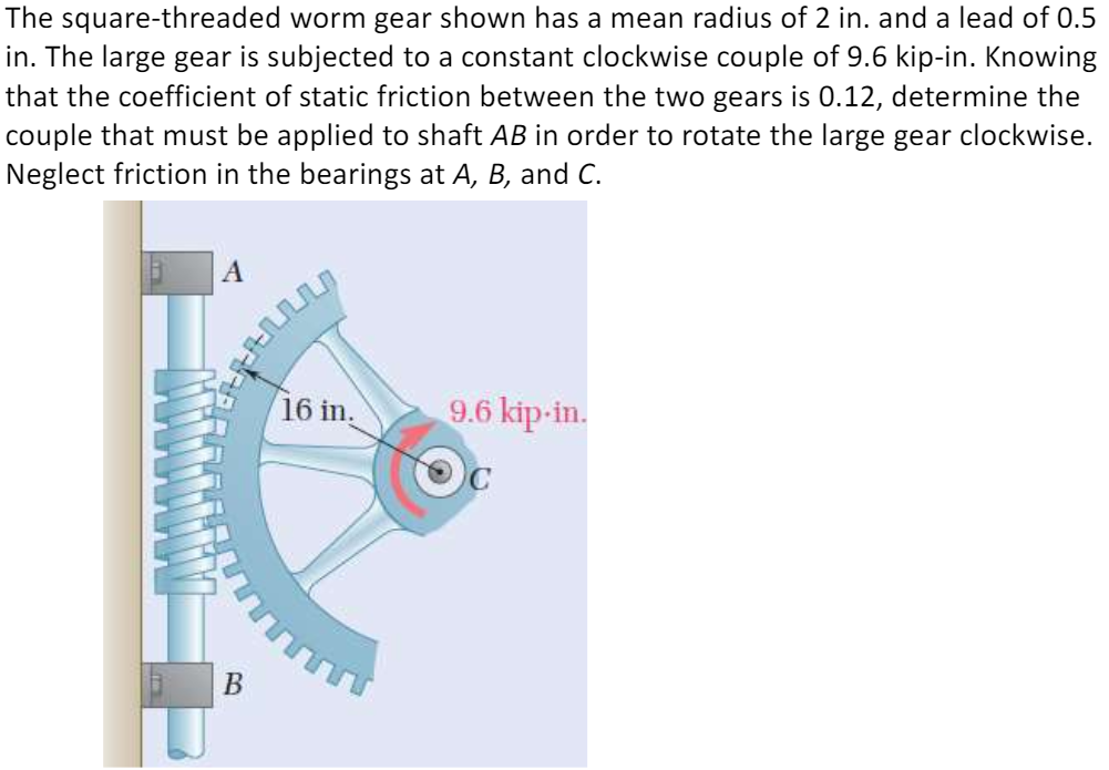 Solved The square-threaded worm gear shown has a mean radius | Chegg.com