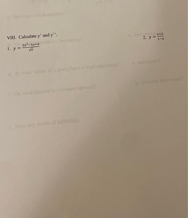 Solved VIII. Calculate y′ and y′′. 2. y=1−xx+3 1. | Chegg.com