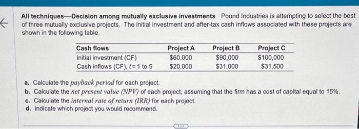 Solved 1. NPV for project B2. NPV for project C3. IRR for | Chegg.com