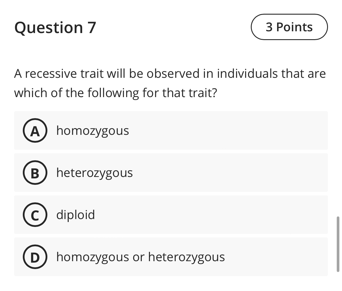 Solved Question 73 ﻿PointsA recessive trait will be observed | Chegg.com