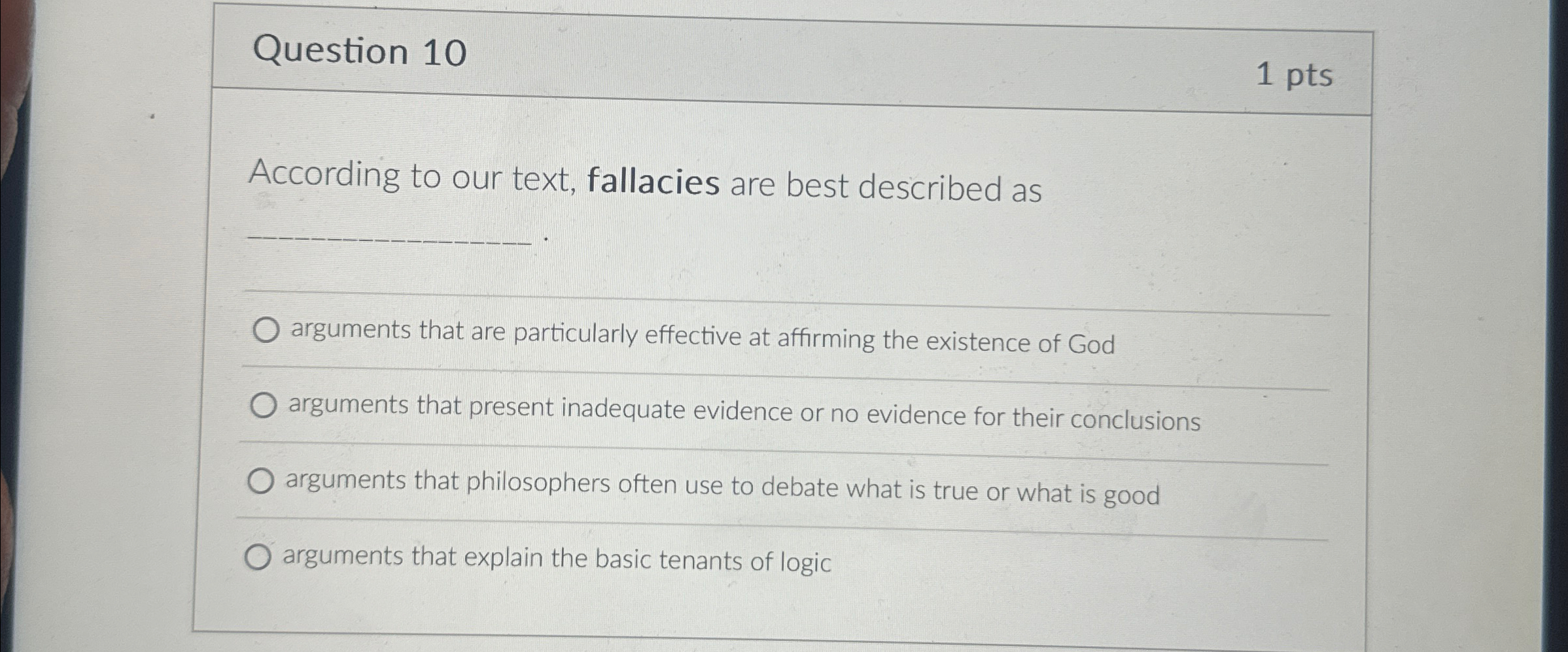 Solved Question 101 ﻿ptsAccording to our text, fallacies are | Chegg.com