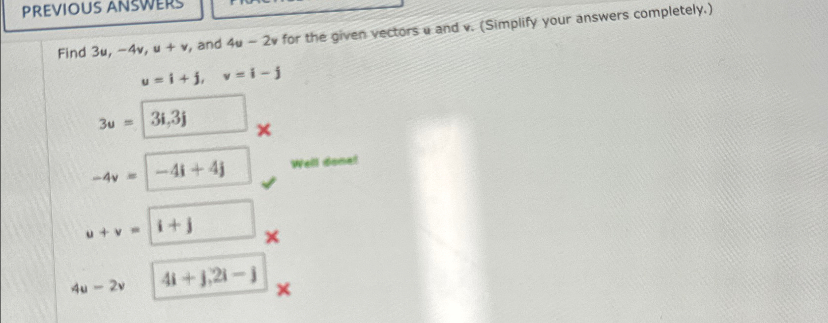 Solved PREVIOUS ANSWERSFind 3u,-4v,u+v, ﻿and 4u-2v ﻿for the | Chegg.com