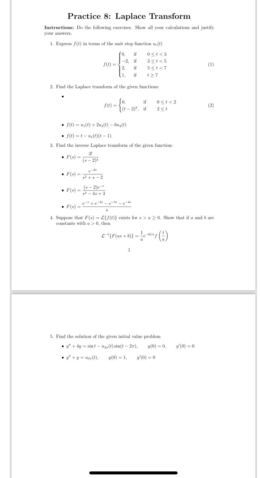 Solved Practice 8: Laplace TransformInstructions: Do the | Chegg.com