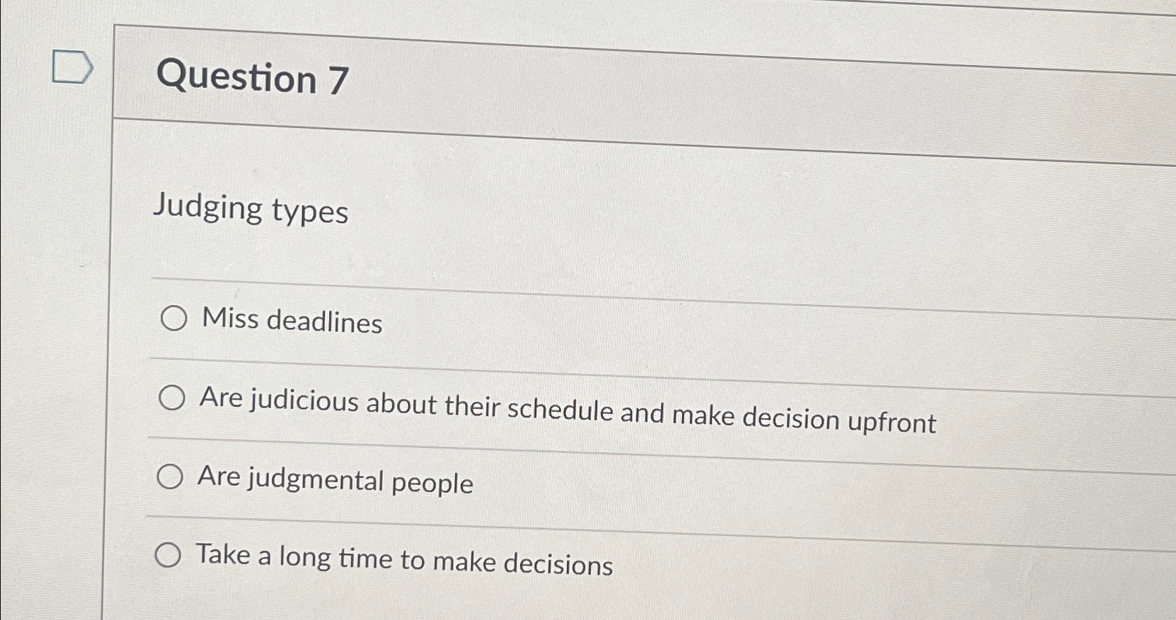 Solved Question 7Judging typesMiss deadlinesAre judicious | Chegg.com