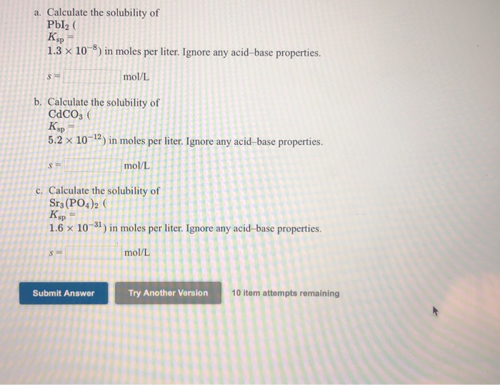 Solved a. Calculate the solubility of Pbl ( Ksp 1.3 x 10-8) | Chegg.com