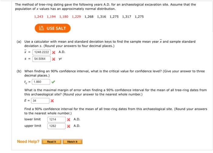 Solved The method of tree-ring dating gave the following | Chegg.com