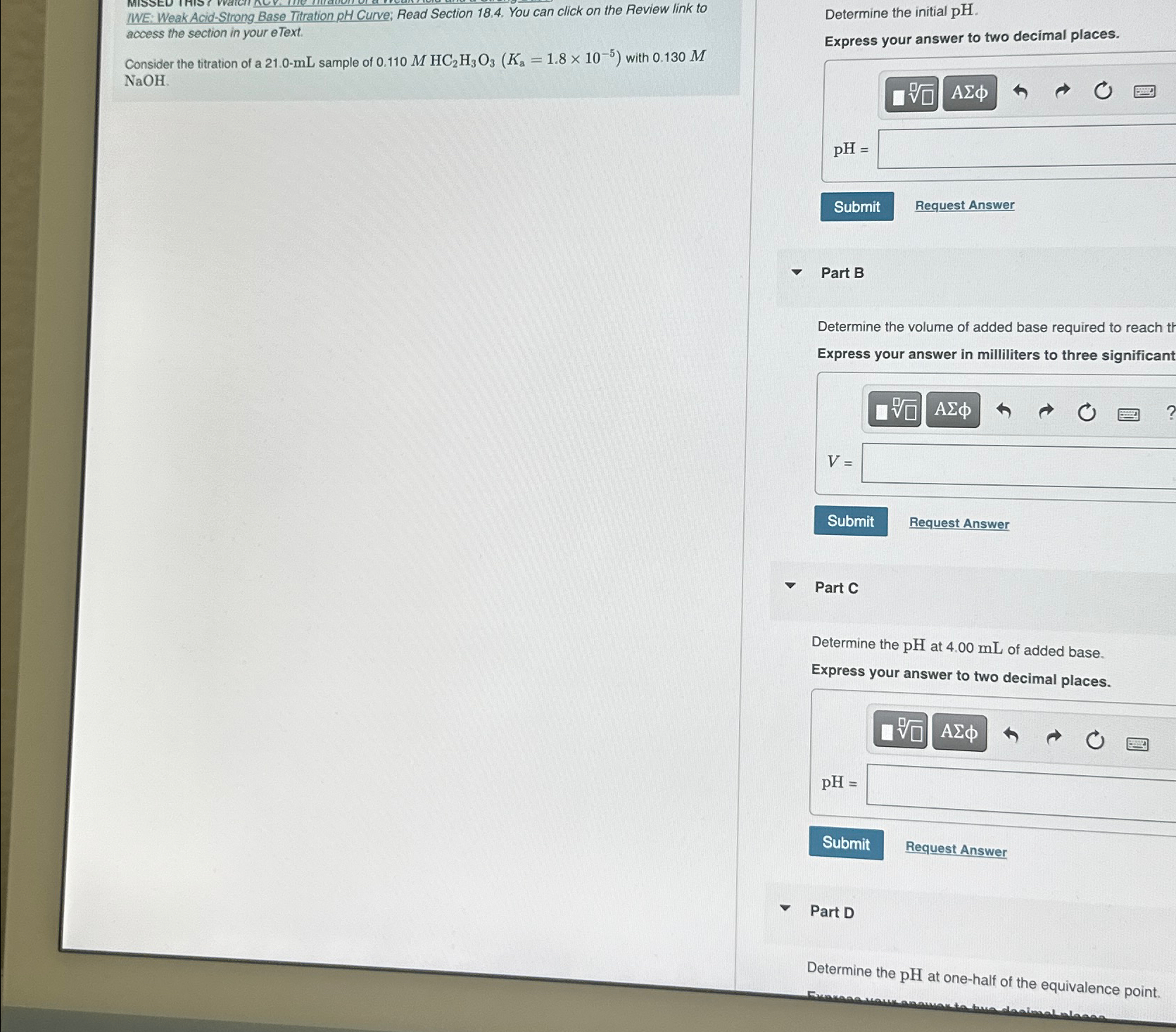 Solved IWE: Weak Acid-Strong Base Titration pH Curve; Read | Chegg.com