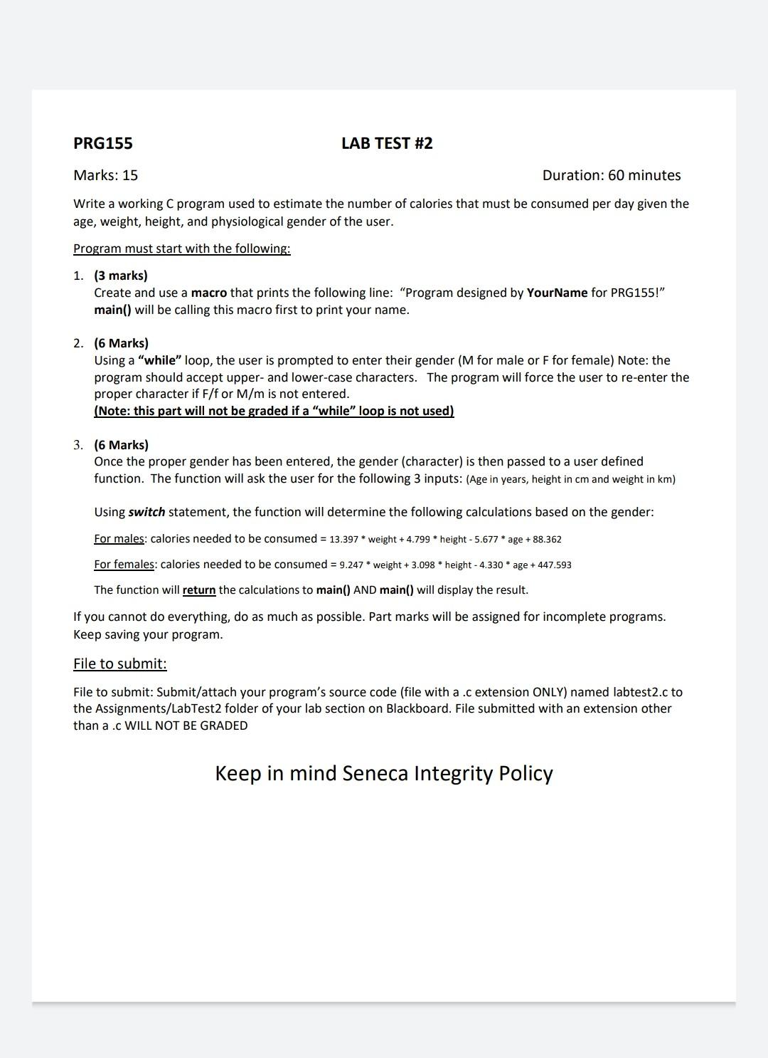 Solved PRG155 LAB TEST #2 Marks: 15 Duration: 60 minutes | Chegg.com