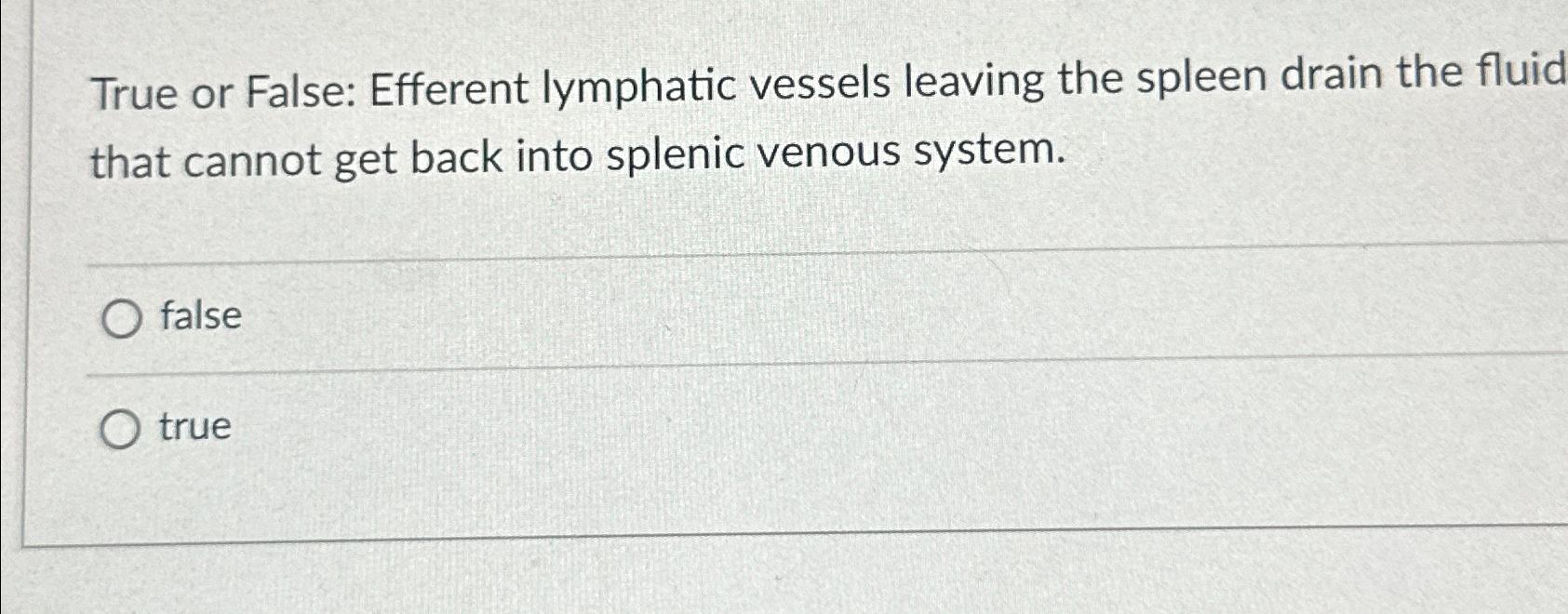 Solved True or False: Efferent lymphatic vessels leaving the | Chegg.com