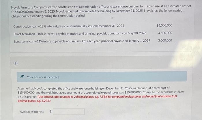 Solved Novak Furniture Company started construction of a | Chegg.com