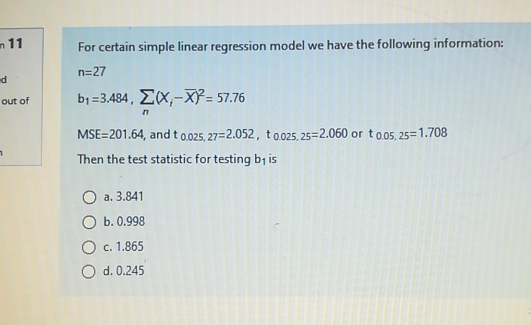 Solved n 11 For certain simple linear regression model we | Chegg.com