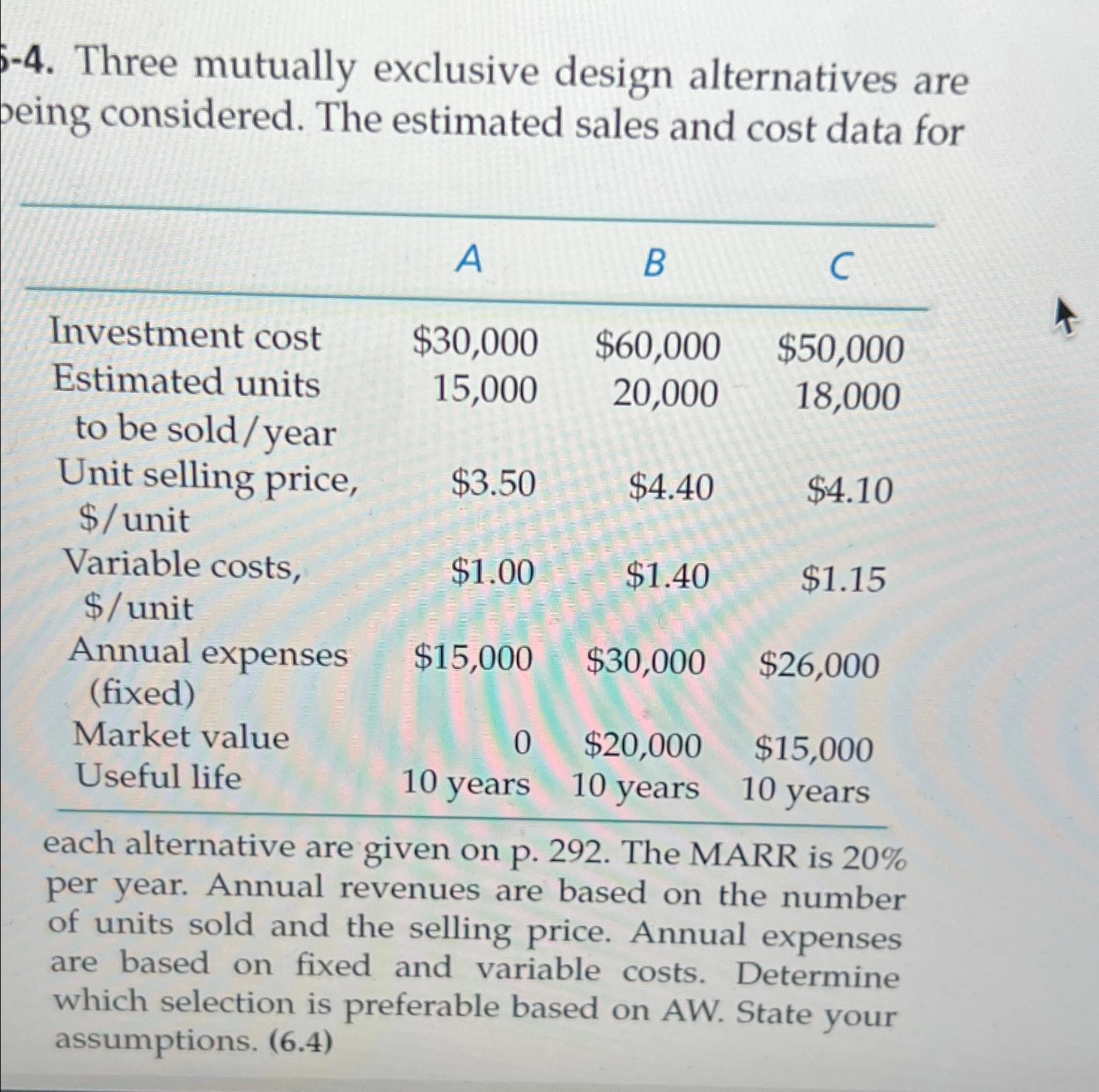 Solved -4. ﻿Three mutually exclusive design alternatives are | Chegg.com
