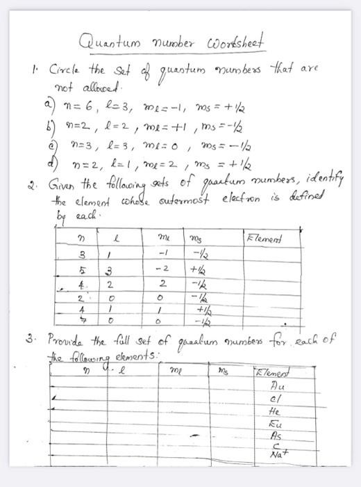 Solved Quantum number Wontsheet 1. Circle the set of quastum | Chegg.com