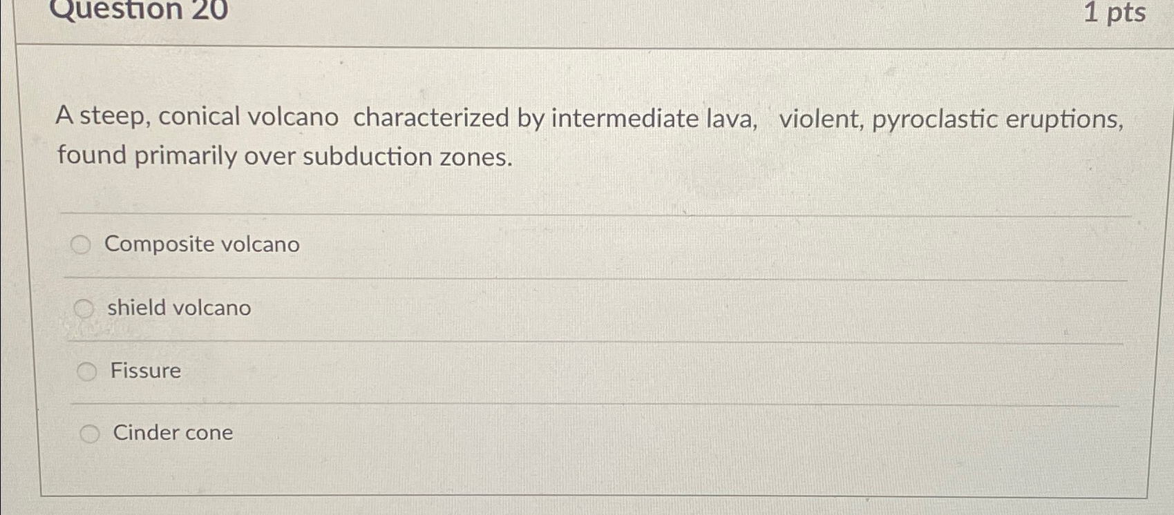 Solved 1ptsA steep, conical volcano characterized by | Chegg.com
