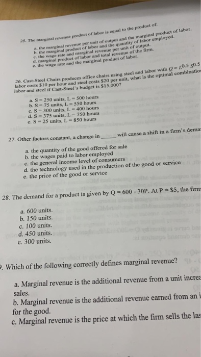 Solved 25. The marginal revenue product of labor is equal to | Chegg.com