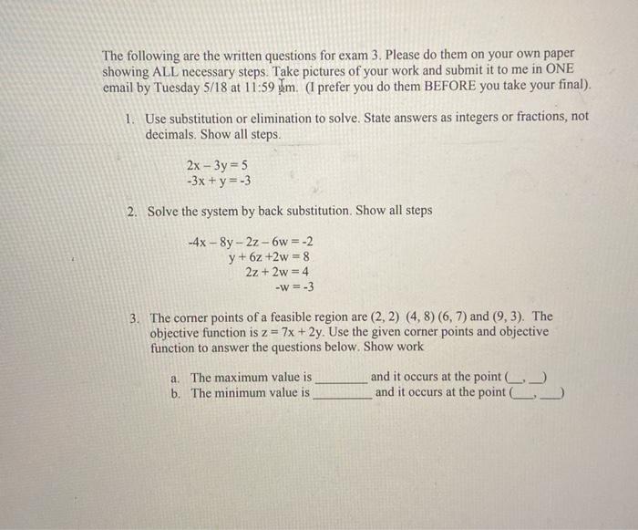 Solved The following are the written questions for exam 3. | Chegg.com