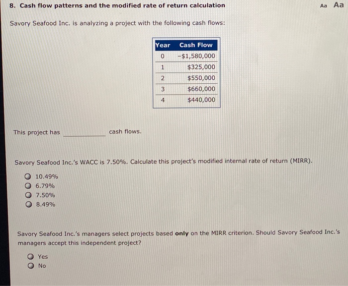 Solved 8. Cash flow patterns and the modified rate of return | Chegg.com