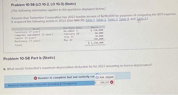 Solved Problem 10-58 (LO 10-2, LO 10-3) (Static) [The | Chegg.com