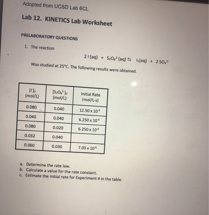 Solved Adopted from UCSD Lab 6CL Lab 12. KINETICS Lab | Chegg.com