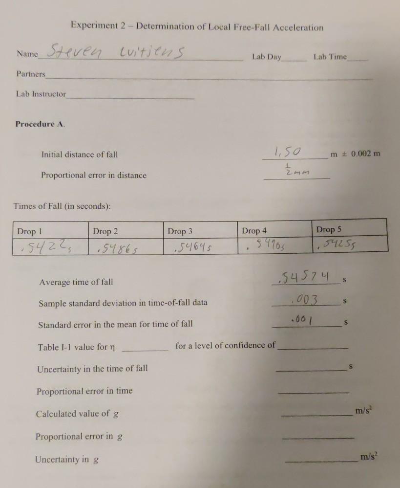 Solved Experiment 2 - Determination of Local Free-Fall | Chegg.com