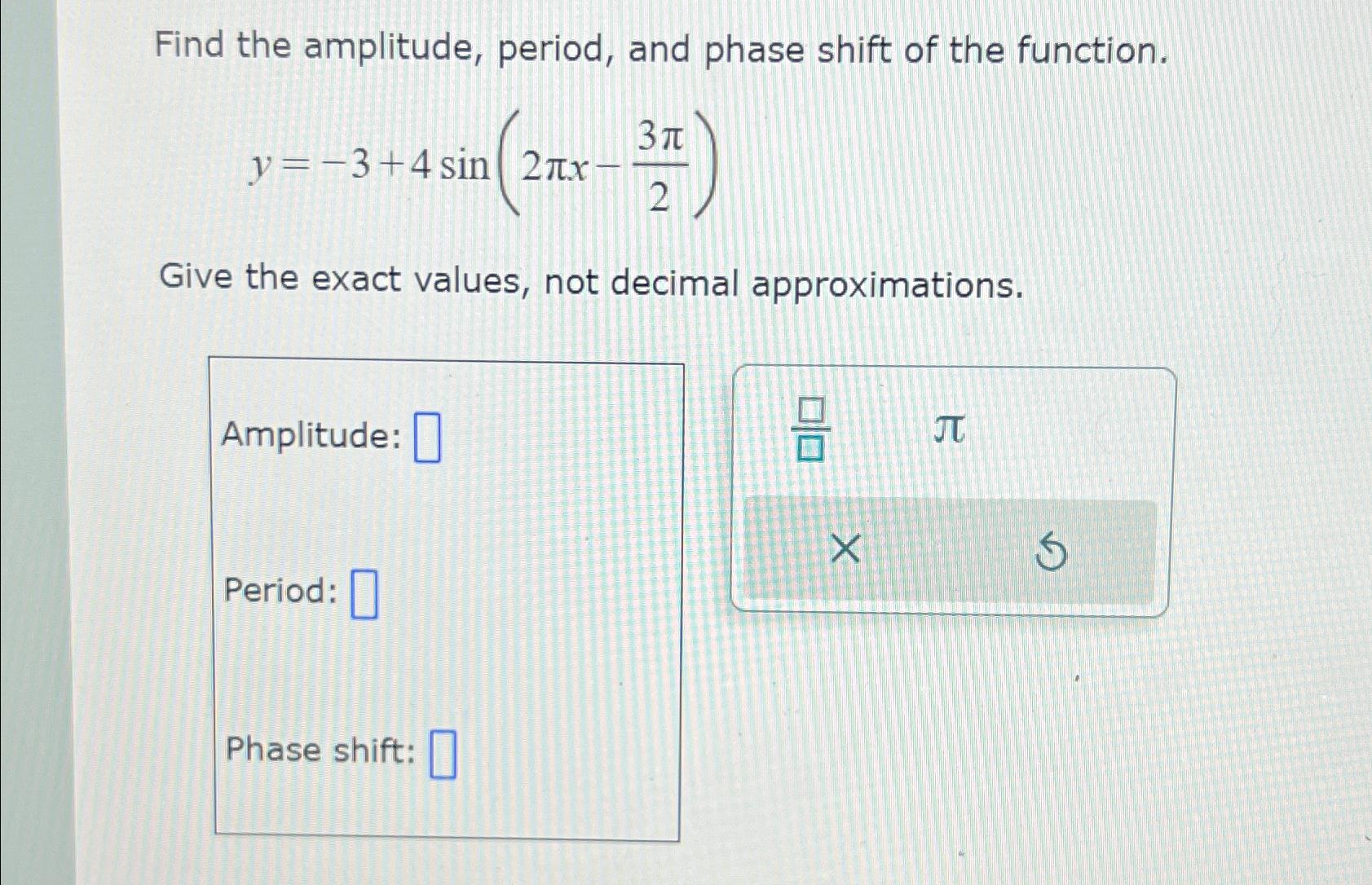 Solved Find the amplitude, period, and phase shift of the | Chegg.com