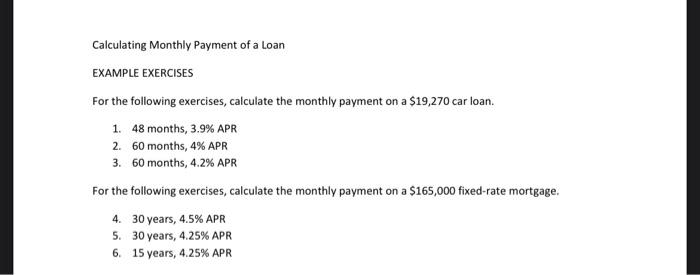 Solved Calculating Monthly Payment of a Loan EXAMPLE | Chegg.com