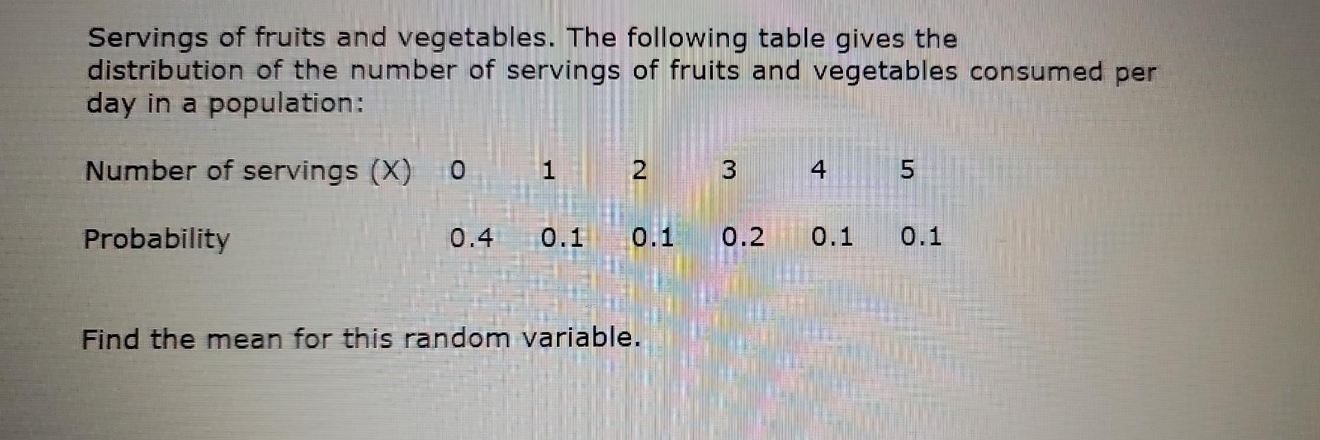 Solved Servings of fruits and vegetables. The following | Chegg.com