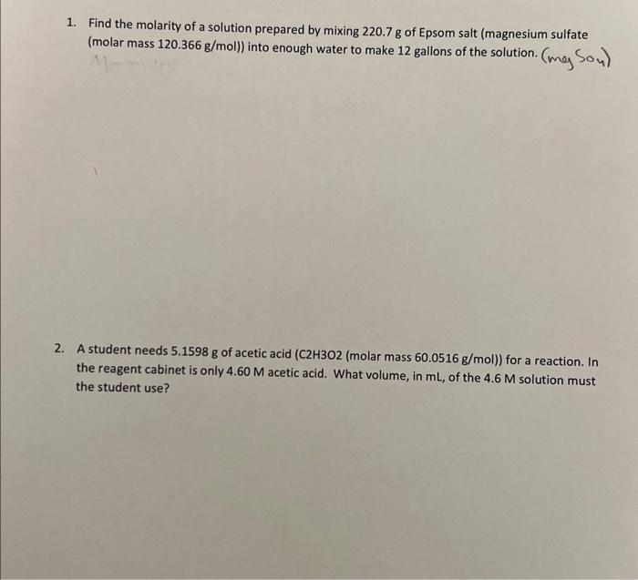 Solved 1. Find the molarity of a solution prepared by mixing | Chegg.com