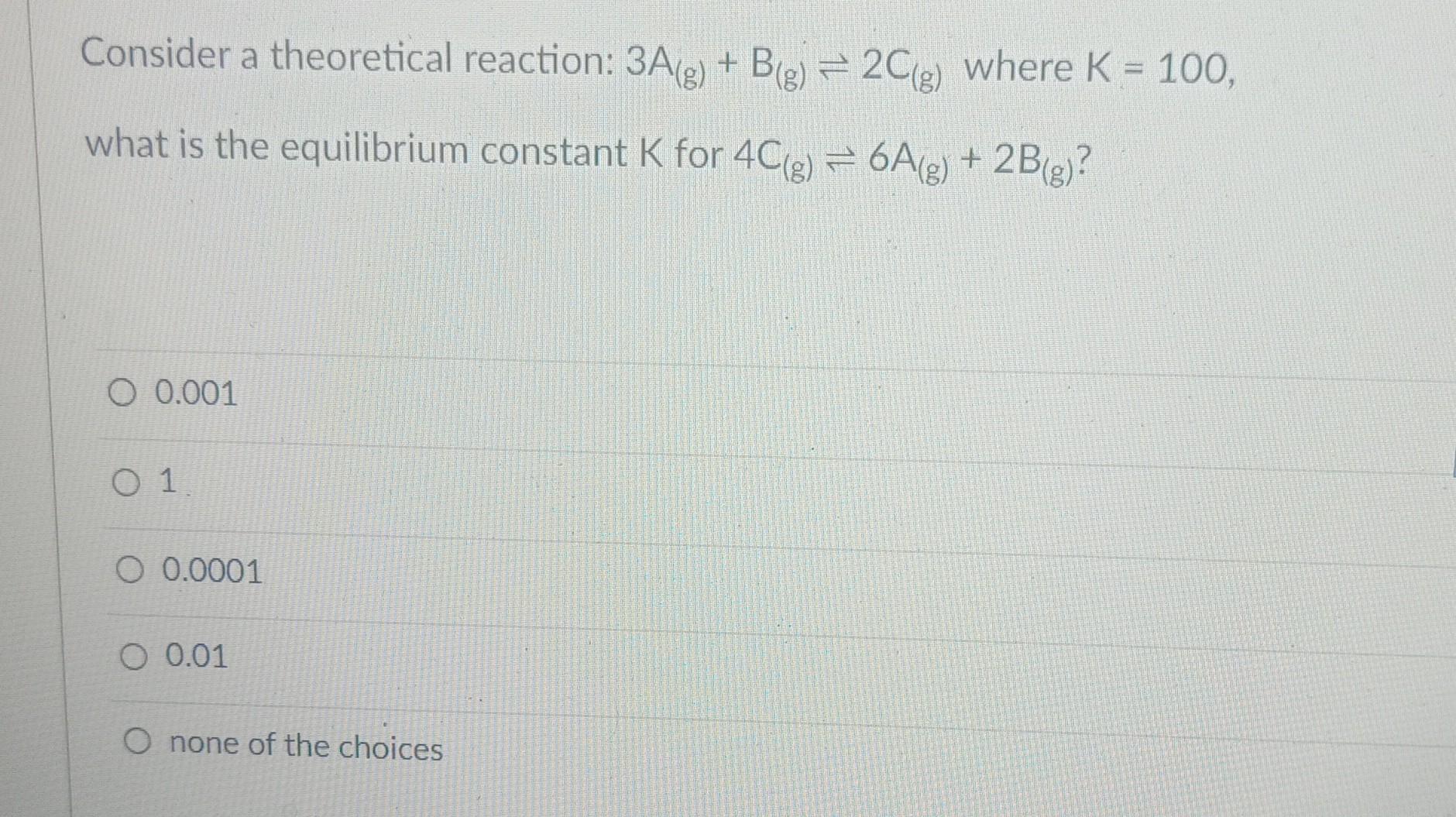 Solved Consider a theoretical reaction: 3A(g) + Big) = 2Ce) | Chegg.com