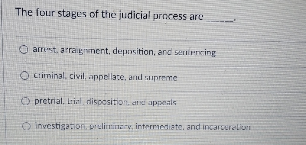 Solved The four stages of the judicial process arearrest, | Chegg.com