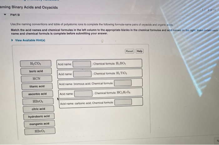 Solved Aming Binary Acids And Oxyacids 9 Of 10 Part 8 Use Chegg