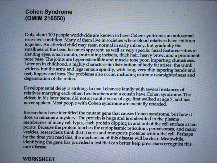 Solved Cohen Syndrome (OMIM 216550) Only about 100 people | Chegg.com