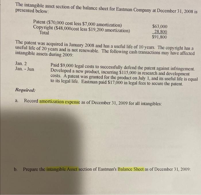 Solved The intangible asset section of the balance sheet for | Chegg.com