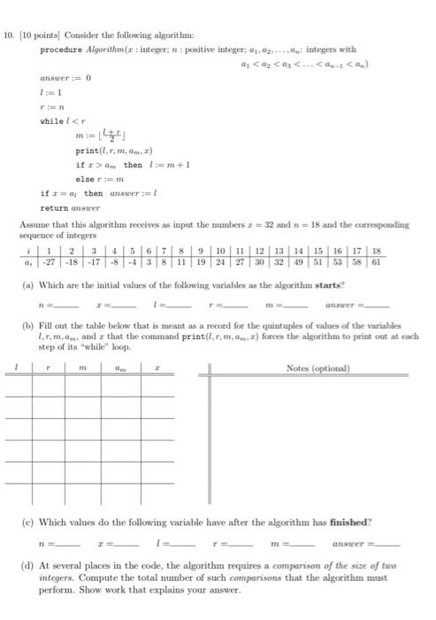 Solved 10. [10 points] Consider the following algorithm: | Chegg.com