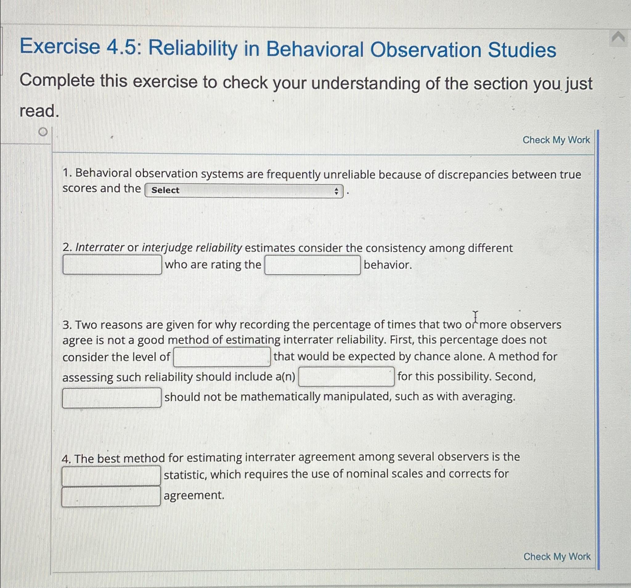 Solved Exercise 4.5: Reliability in Behavioral Observation | Chegg.com