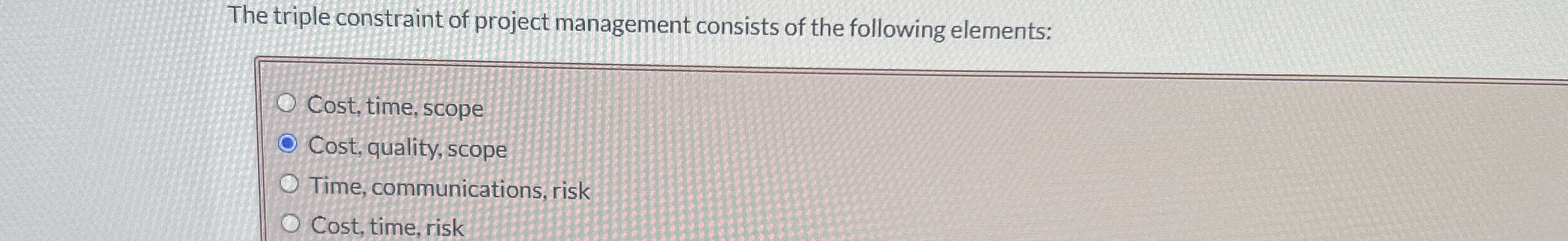 Solved The triple constraint of project management consists | Chegg.com